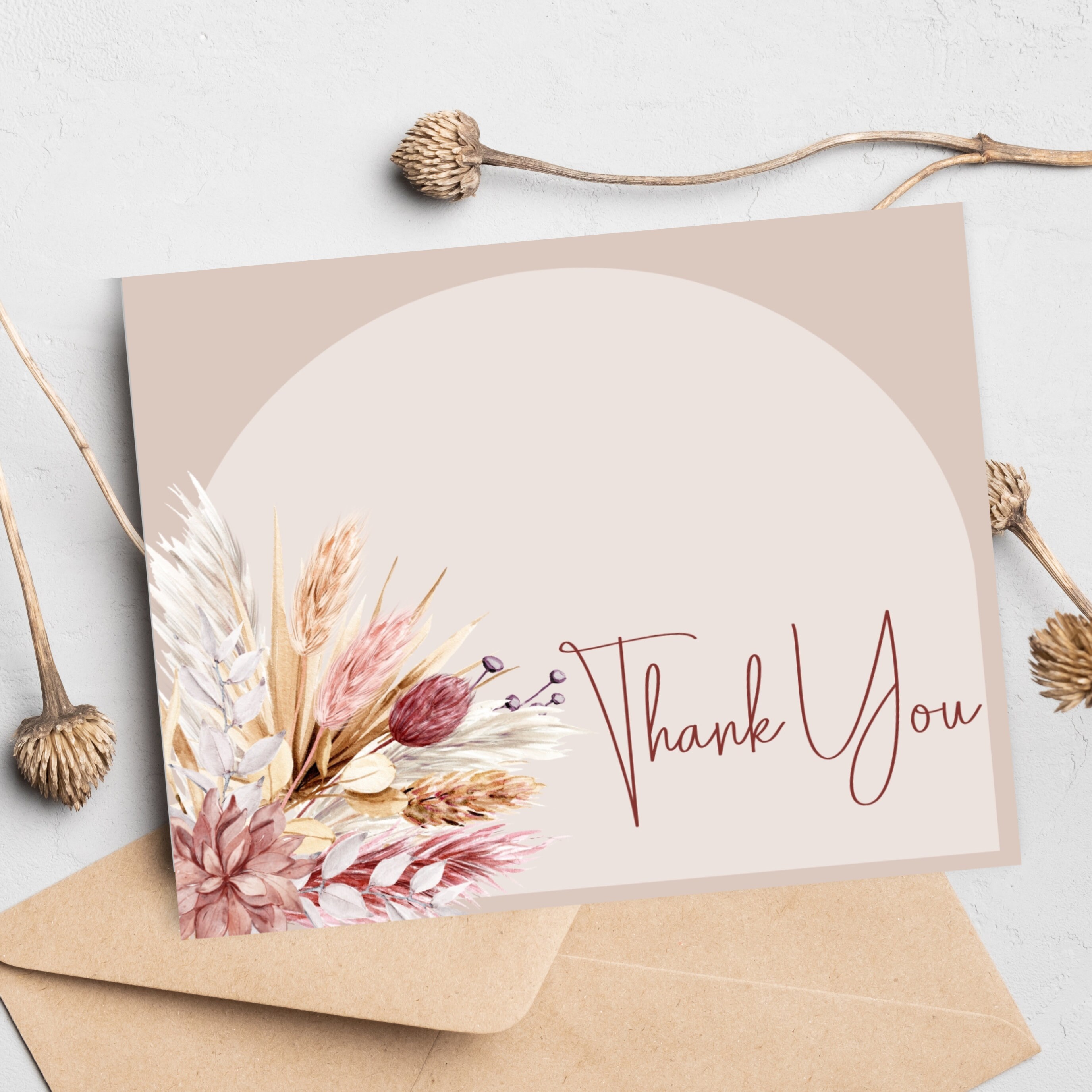 Boho Floral Thank You Card, Boho Thank You Note, Neutral Pampas Grass ...
