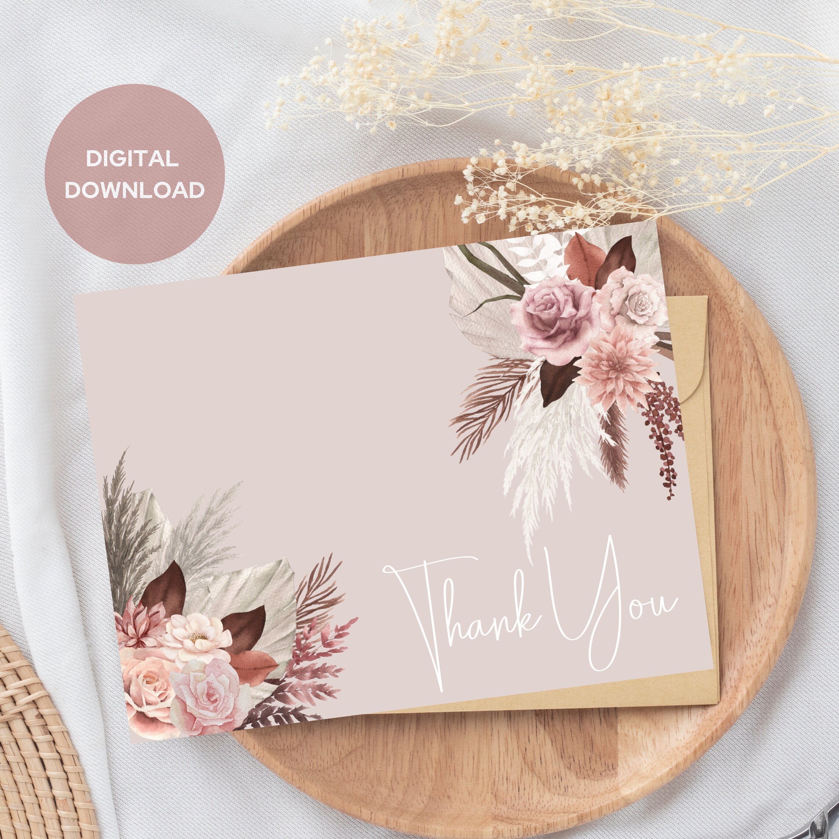 Boho Thank You Card, Boho Floral Thank You, Bridal Thank You Note, Baby ...