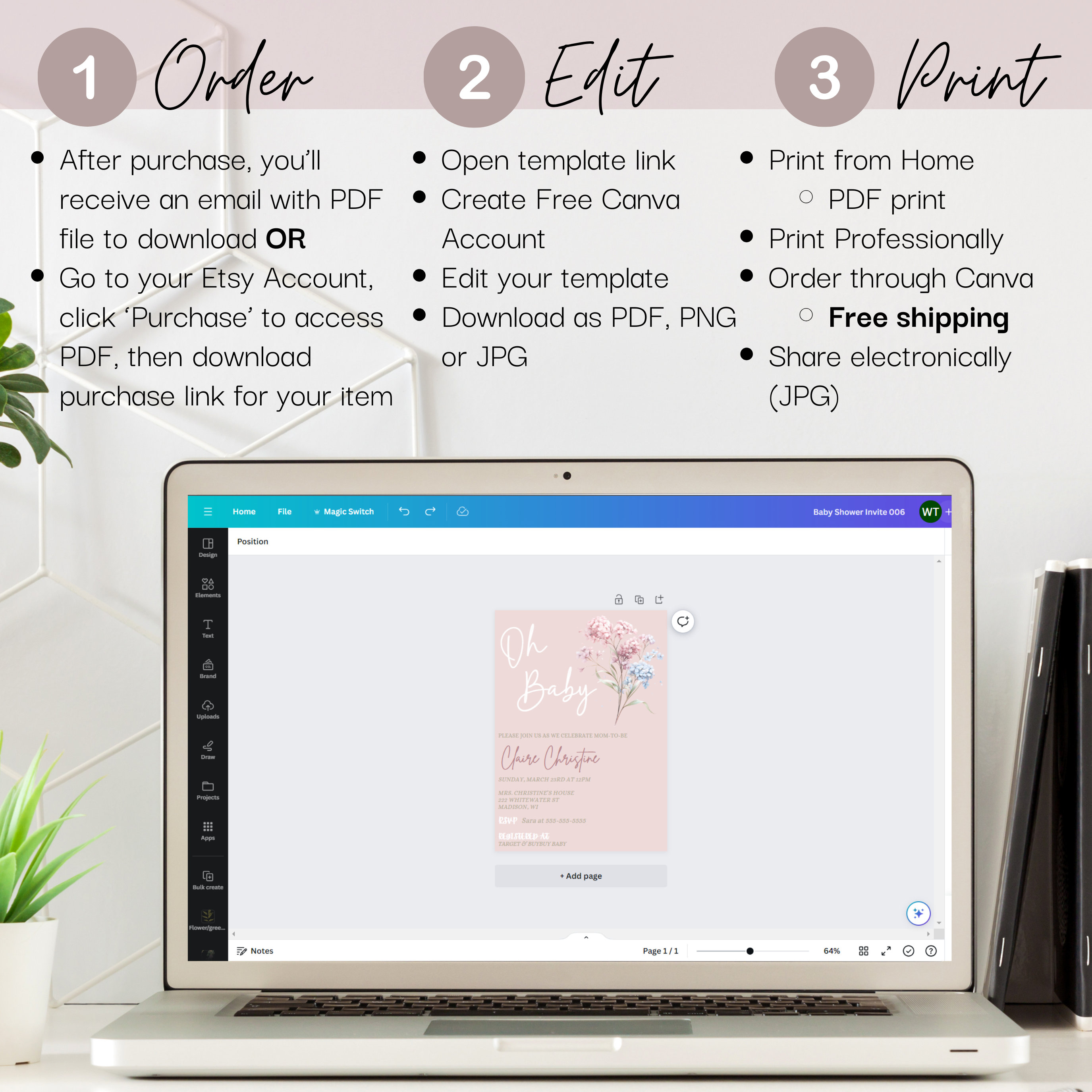 Oh Baby Shower Invitation, Floral Baby Shower Invite, Minimalist Invite ...