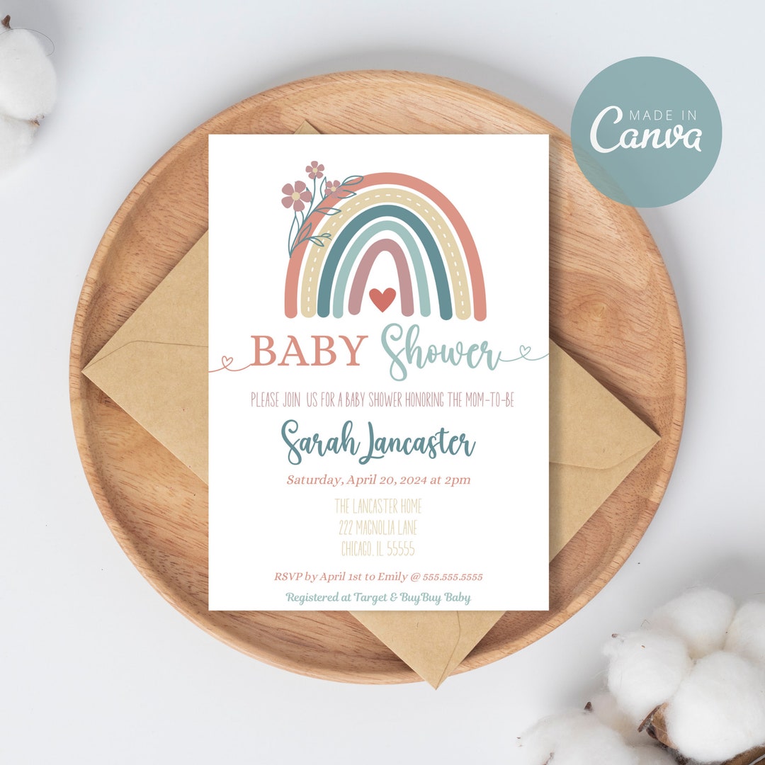 Boho Rainbow Baby Shower Invitation, Boho Floral Shower Invite, Baby ...