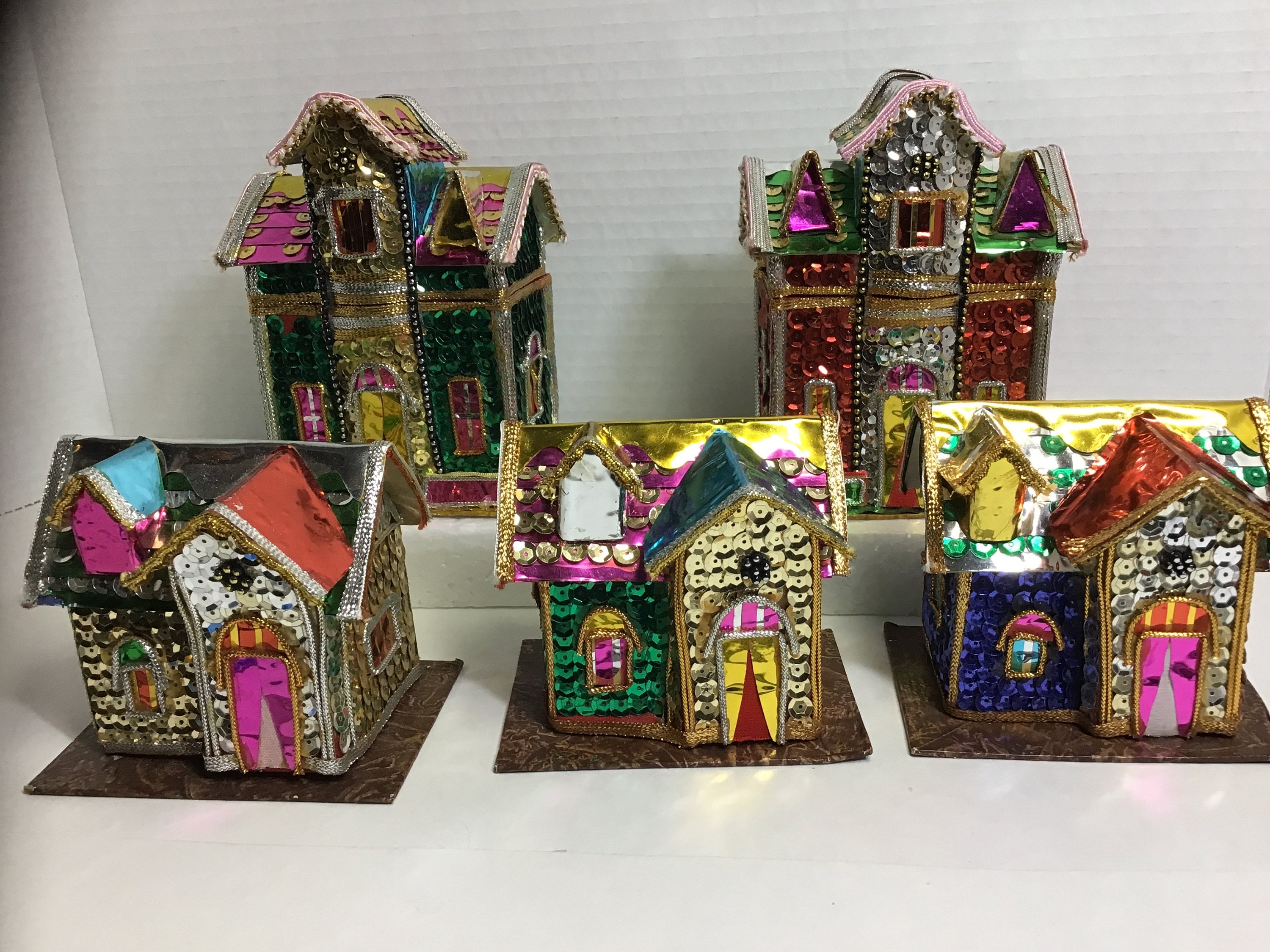 Set of 5 Vintage Putz Style Sequined House Boxes - Etsy