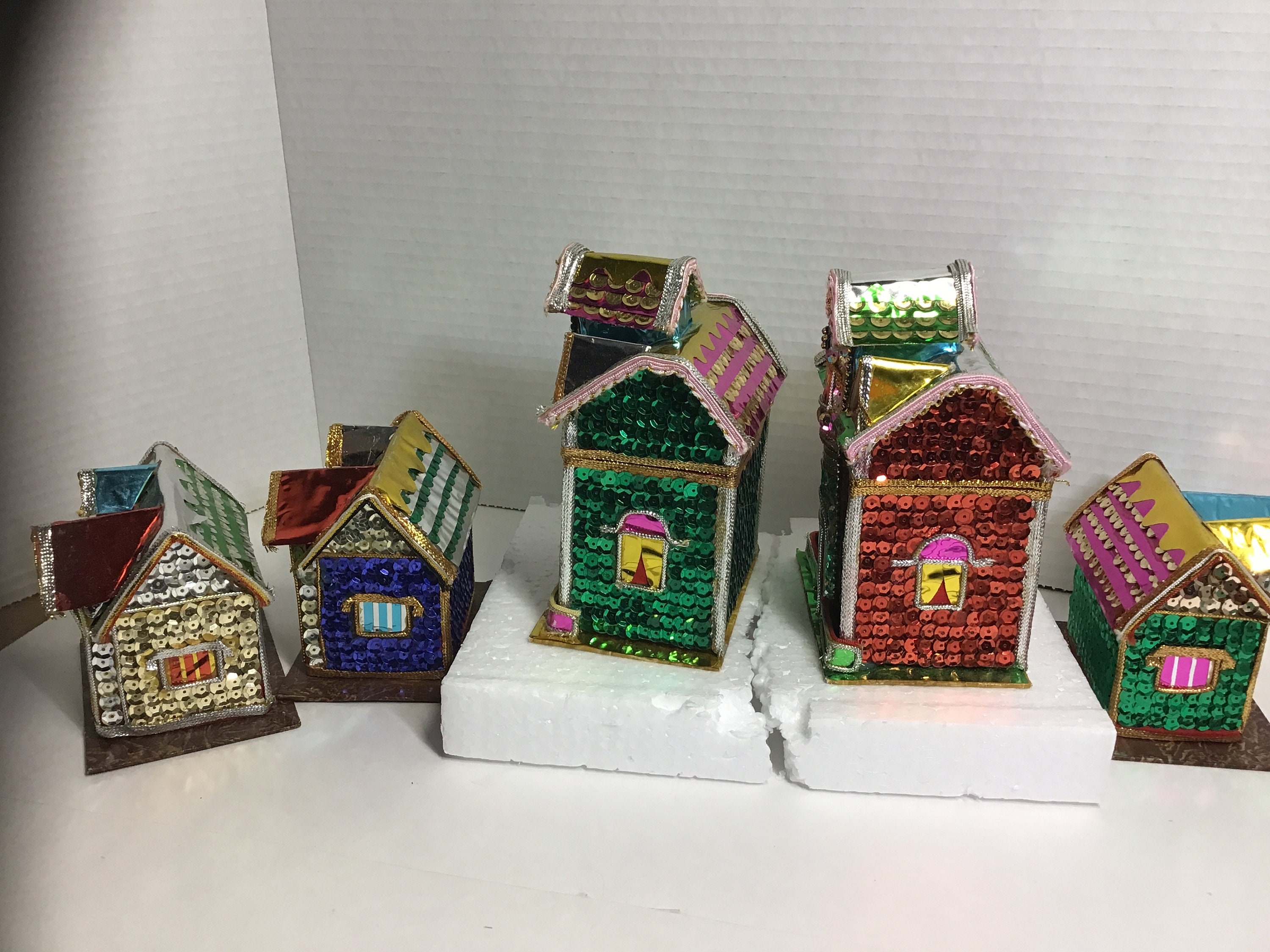 Set of 5 Vintage Putz Style Sequined House Boxes - Etsy