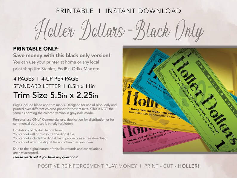 Holler Dollars - Printable Black Ink Only - Instant Download - Positive ...