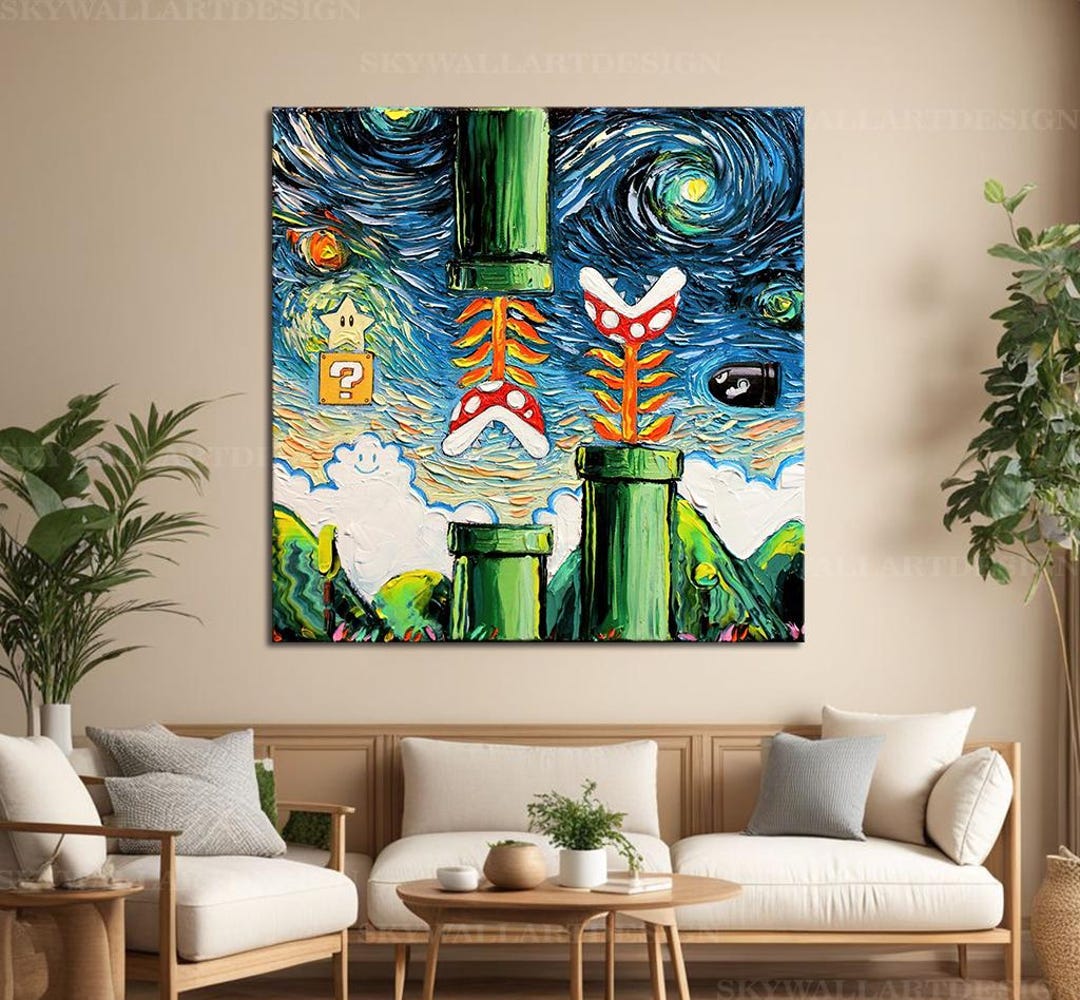Super Mario Starry Night Canvas Wall Art, Van Gogh Inspired Mario ...