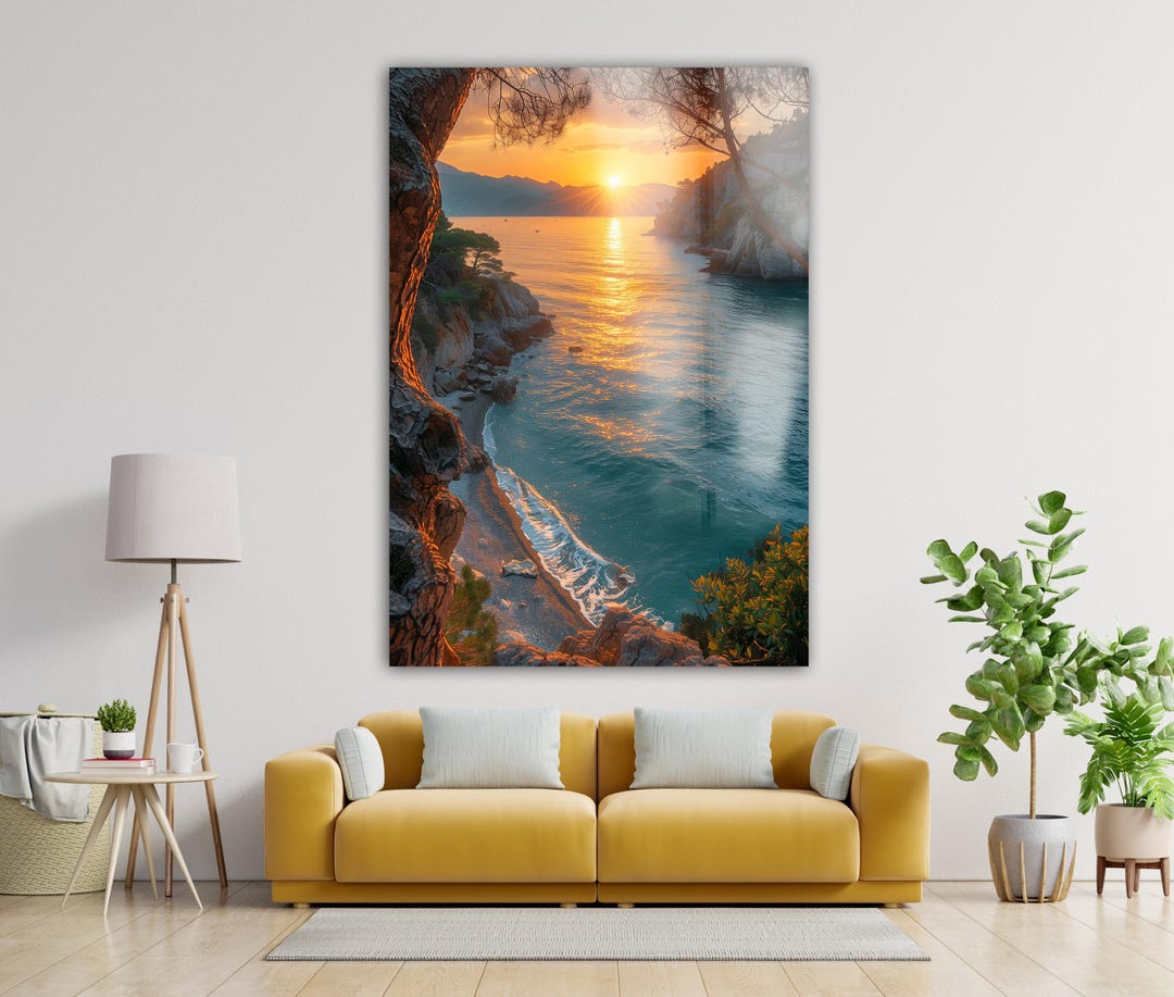 Arte mural de vidrio con paisaje de playa y atardecer oceánico ...