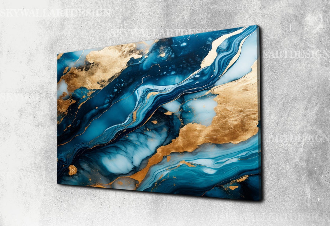 Blue Gold Marble Art,modern Painting Art,blue Marble Design,abstract ...