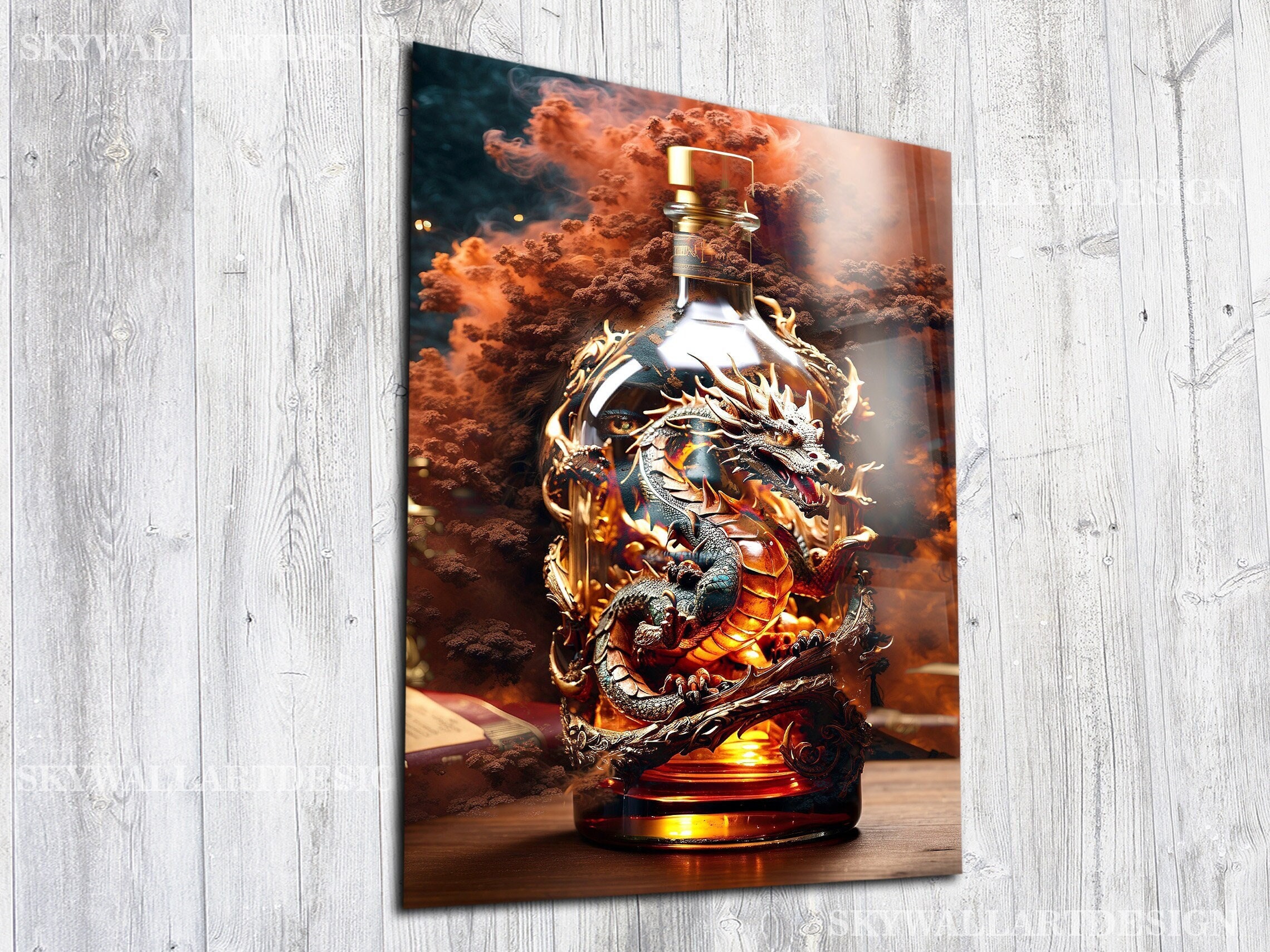 Fire Dragon Glass Art, Whiskey Bottle Glass , Dragon Whiskey Bottle ...