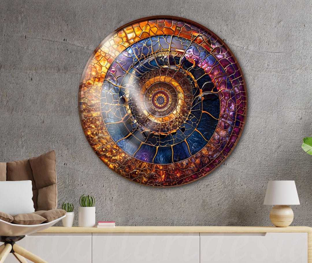 Golden Mosaic Spiral Round Glass Wall Art, Abstract Crackle Pattern ...