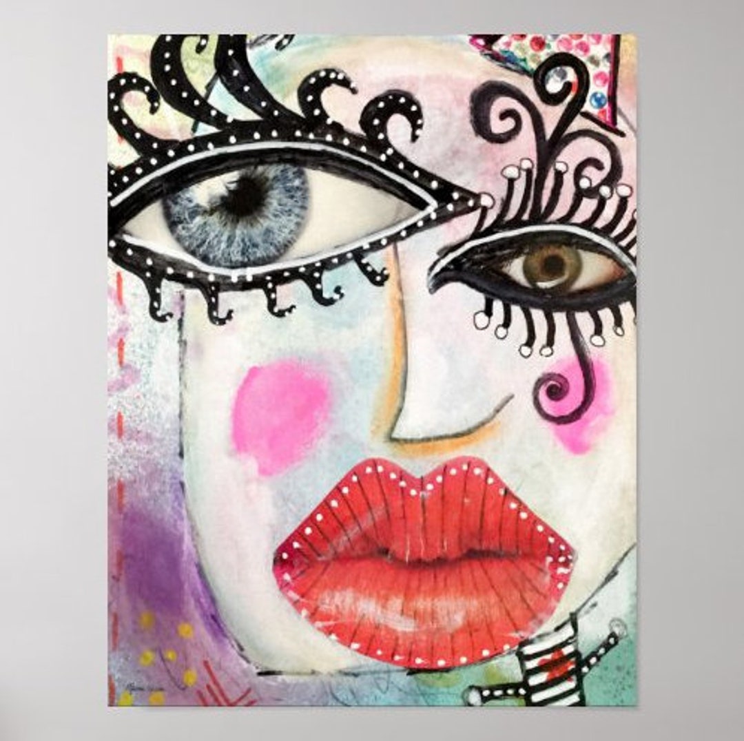 Abstract Face Big Eyes Red Lips Graffiti Neon Pink Poster - Etsy