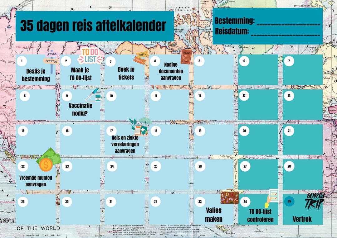 Travel Countdown Calendar World Map Blue 35 Days - Etsy