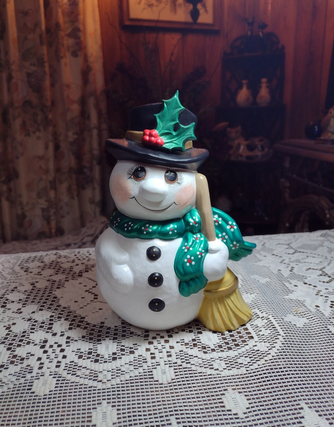 Vintage Christmas Hand Painted Ceramic 9.5 Tall Snowman With a Green ...