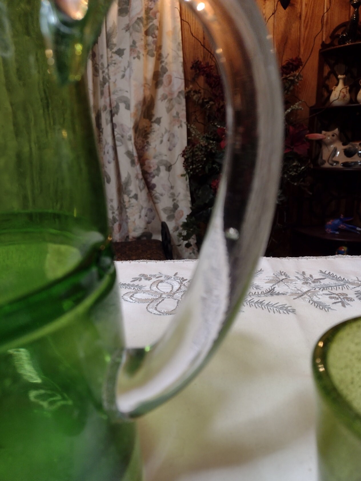 10 Tall Hand-blown Green Art Glass Pitcher With Clear Handle and Four ...