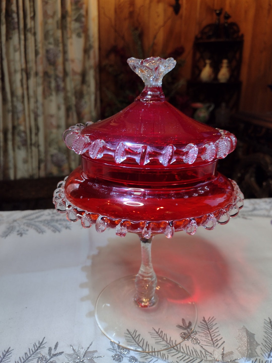 Vintage Lidded Red Glass Compote Candy Dish Edged With Clear - Etsy