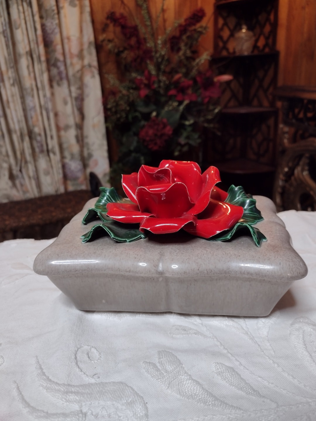 Vintage Ceramic Trinket Box With Rose in Bloom on Lid - Etsy