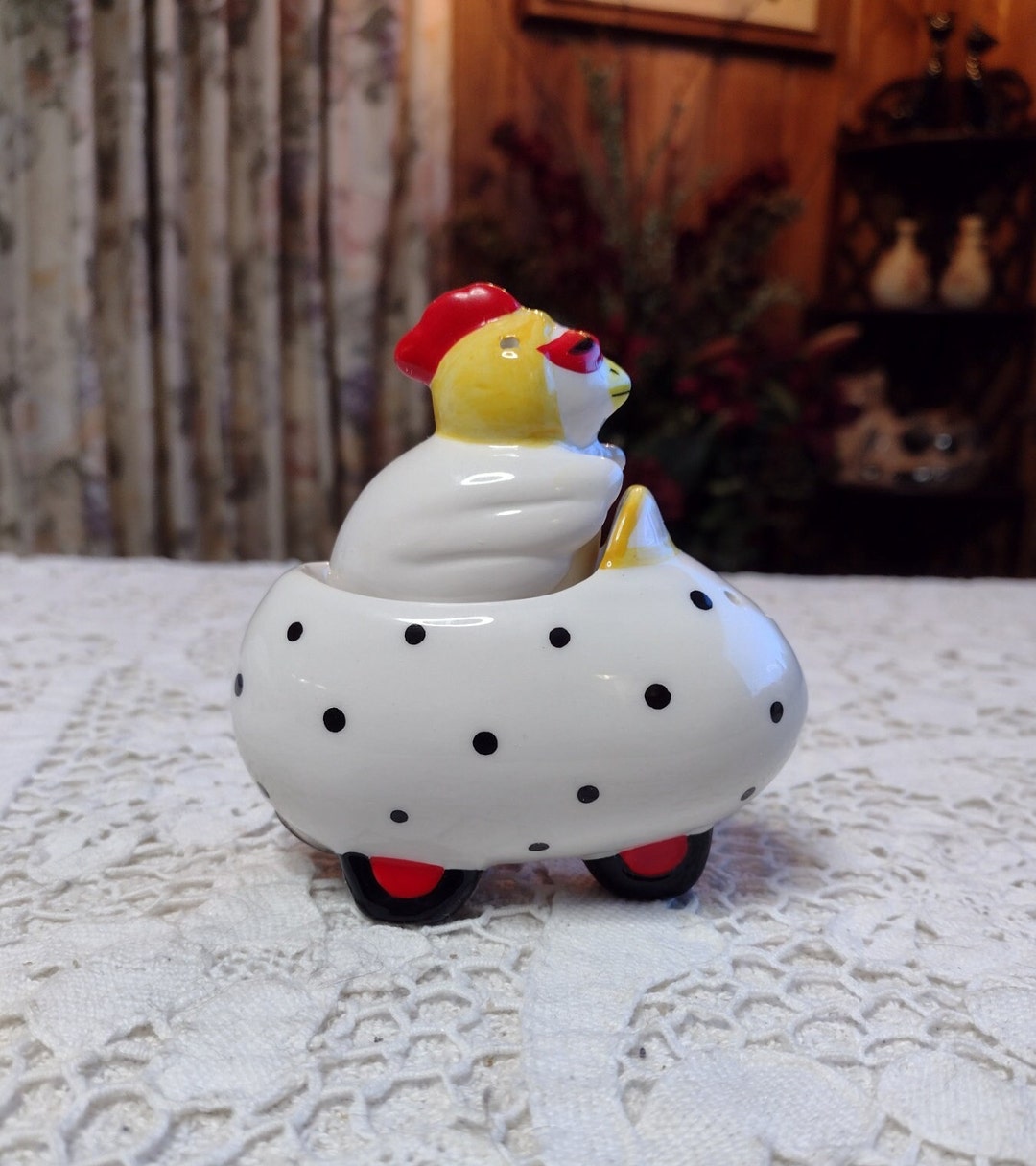 Vintage Three Wheeled Egg Racing Car With Chicken Driver Salt and ...