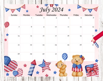 Editable Fillable July 2024 Calendar for Happy 4th July Independence ...