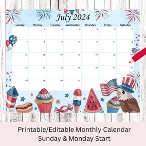 EDITABLE July 2024 Calendar, 4th of July Planner, Monthly Kids School ...