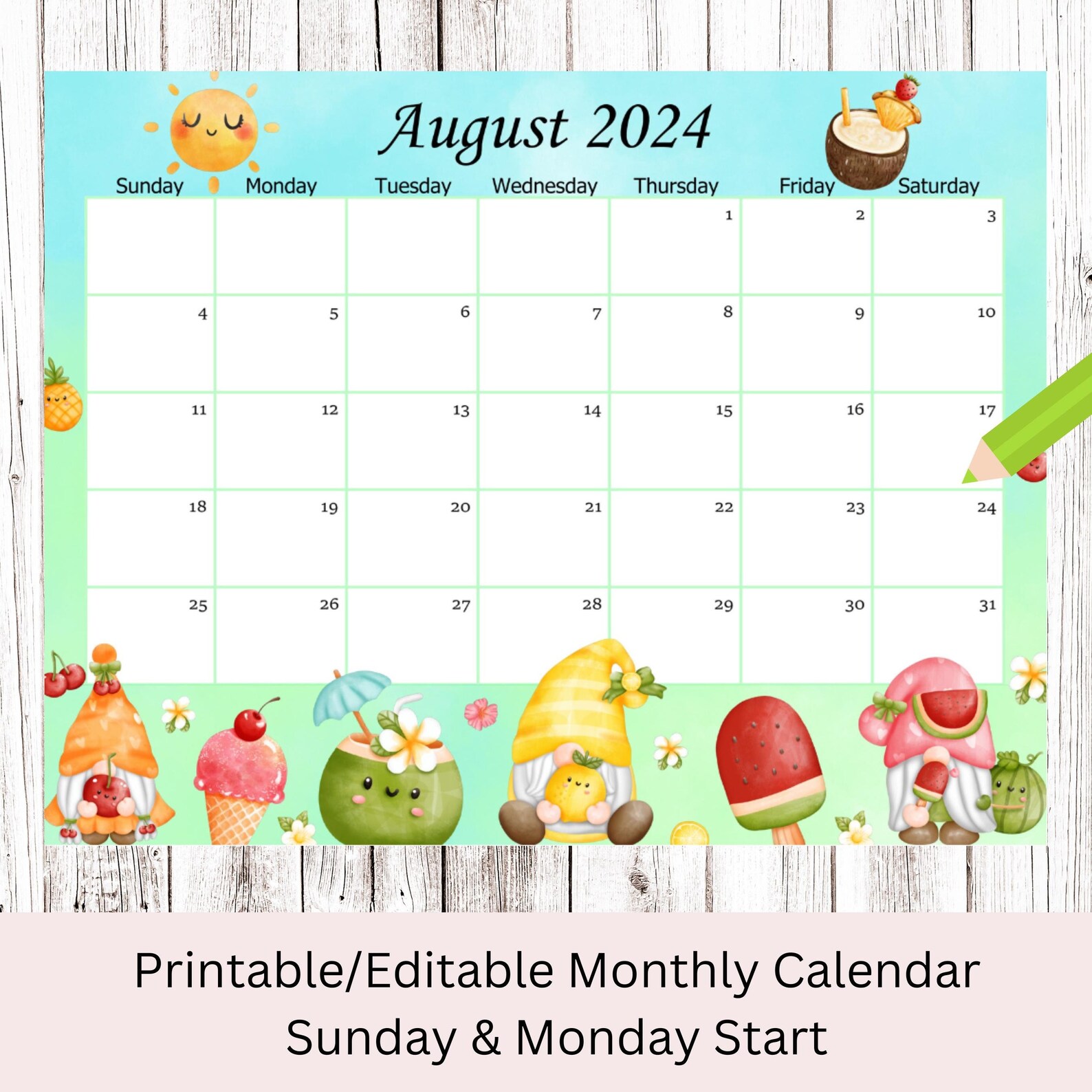 EDITABLE August 2024 Calendar, Cute Summer Gnomes Planner, Kids School ...