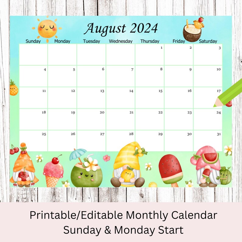 EDITABLE August 2024 Calendar, Cute Summer Gnomes Planner, Kids School ...
