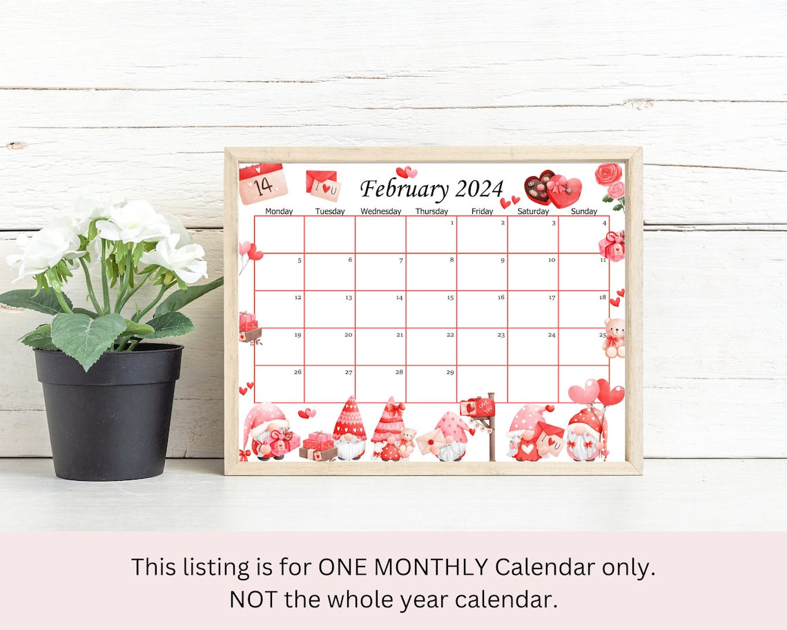 EDITABLE February 2024 Calendar, Cute Valentine Gnomes Planner, Kids ...