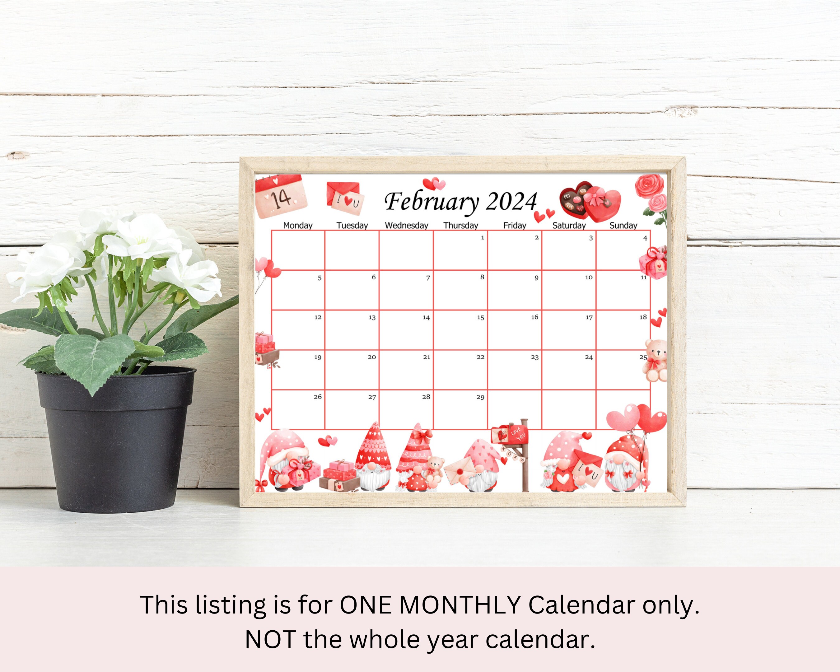 EDITABLE February 2024 Calendar, Cute Valentine Gnomes Planner, Kids ...