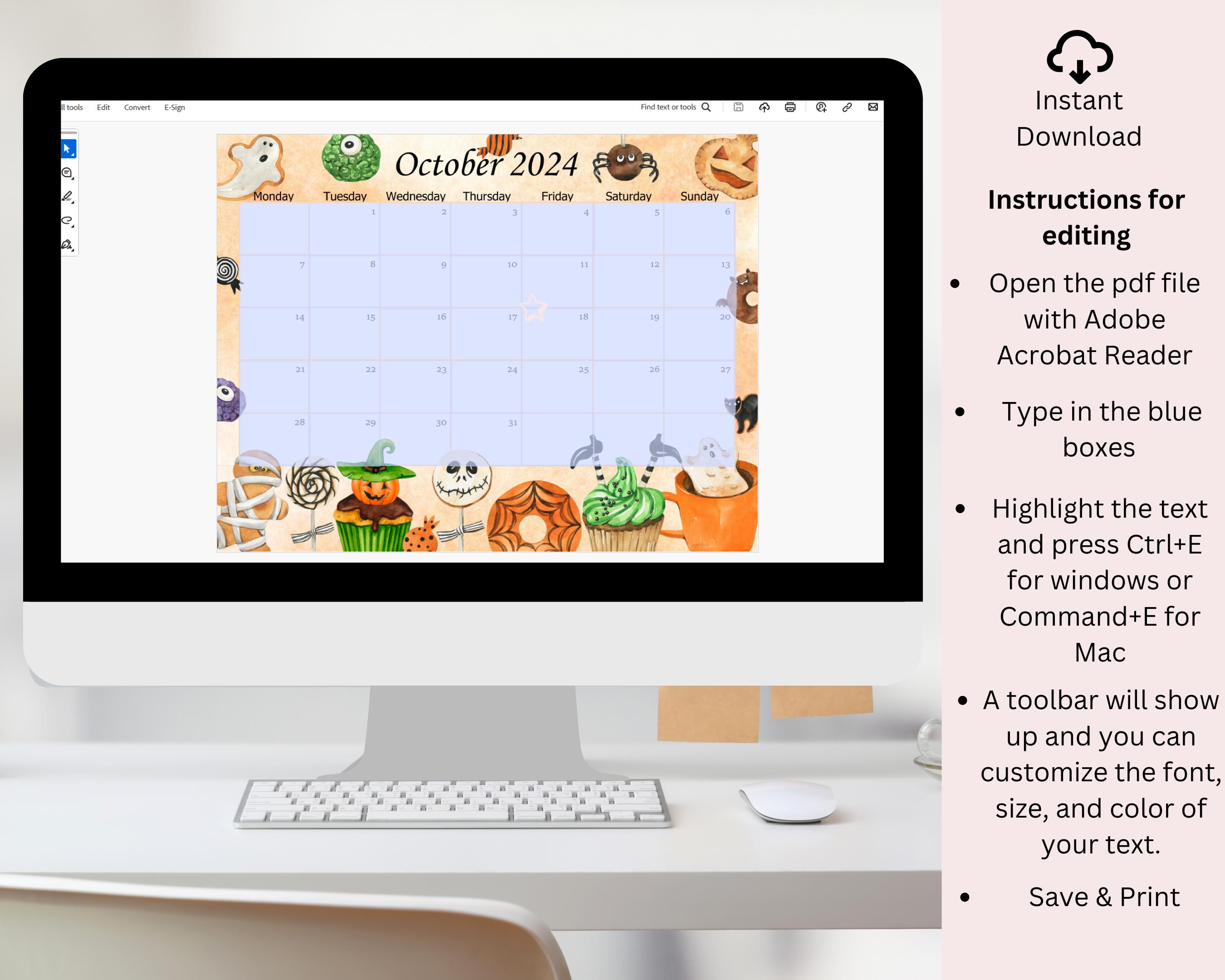 EDITABLE October 2024 Calendar, Cute Halloween Sweets Planner, Kids ...