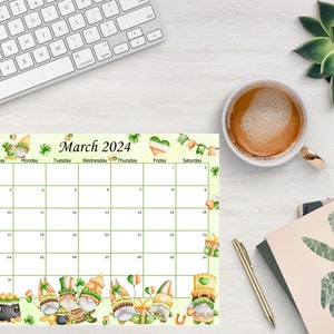 EDITABLE March 2024 Calendar, St. Patrick's Day Gnome Planner, Kids ...