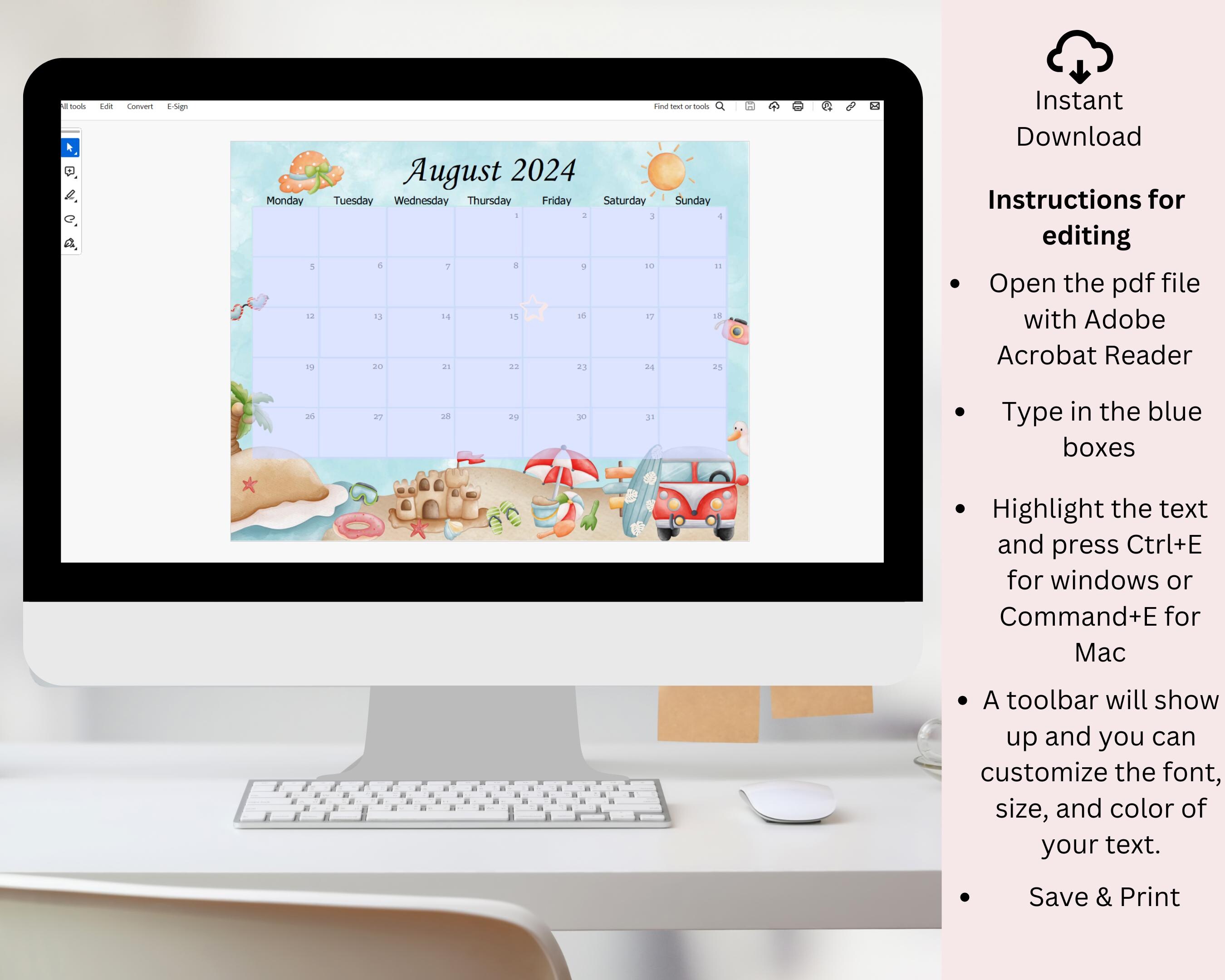 EDITABLE August 2024 Calendar, Cute Summer Planner, Monthly Kids School ...