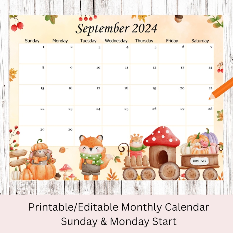 EDITABLE September 2024 Calendar, Cute Autumn Planner, Monthly Kids ...