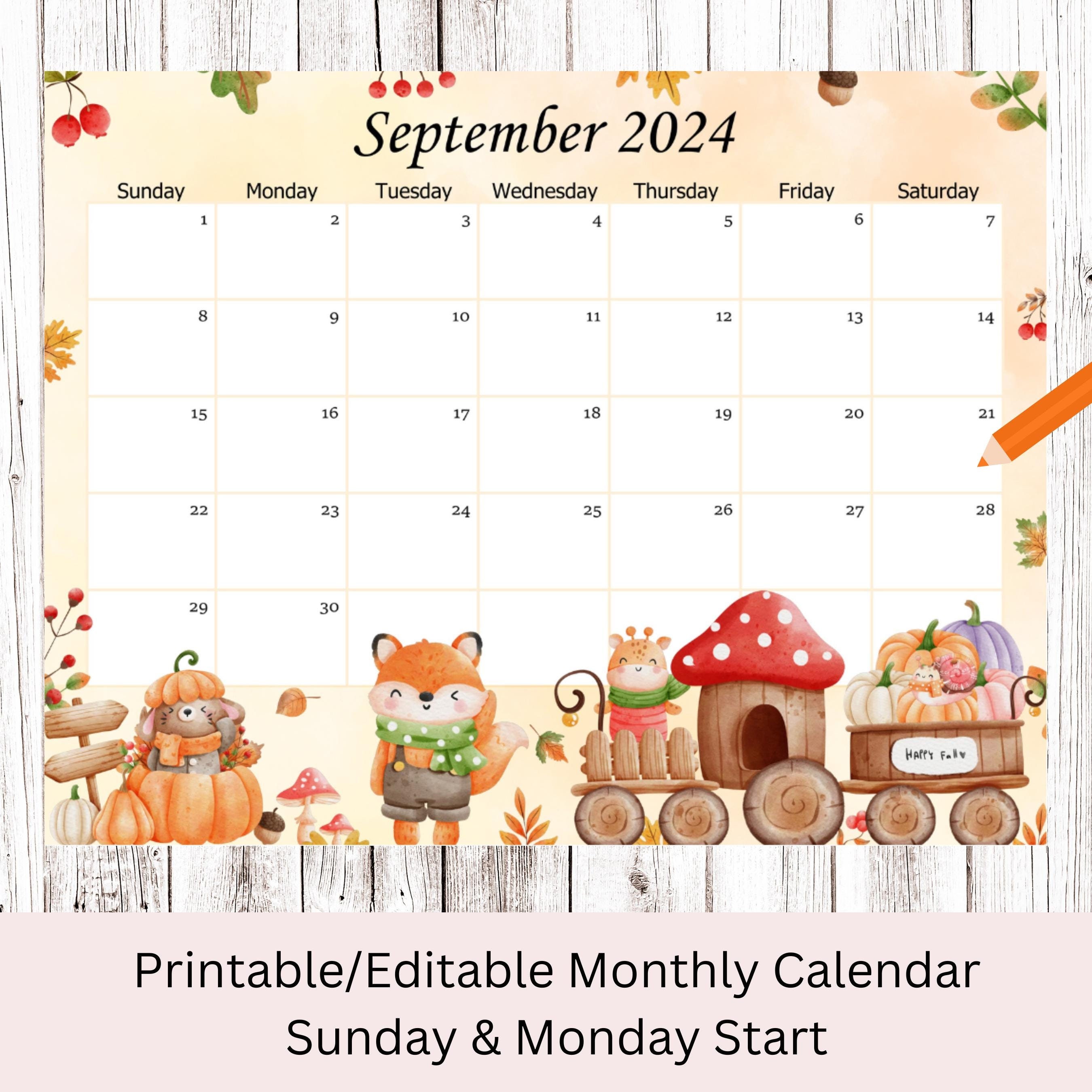 EDITABLE September 2024 Calendar, Cute Autumn Planner, Monthly Kids ...