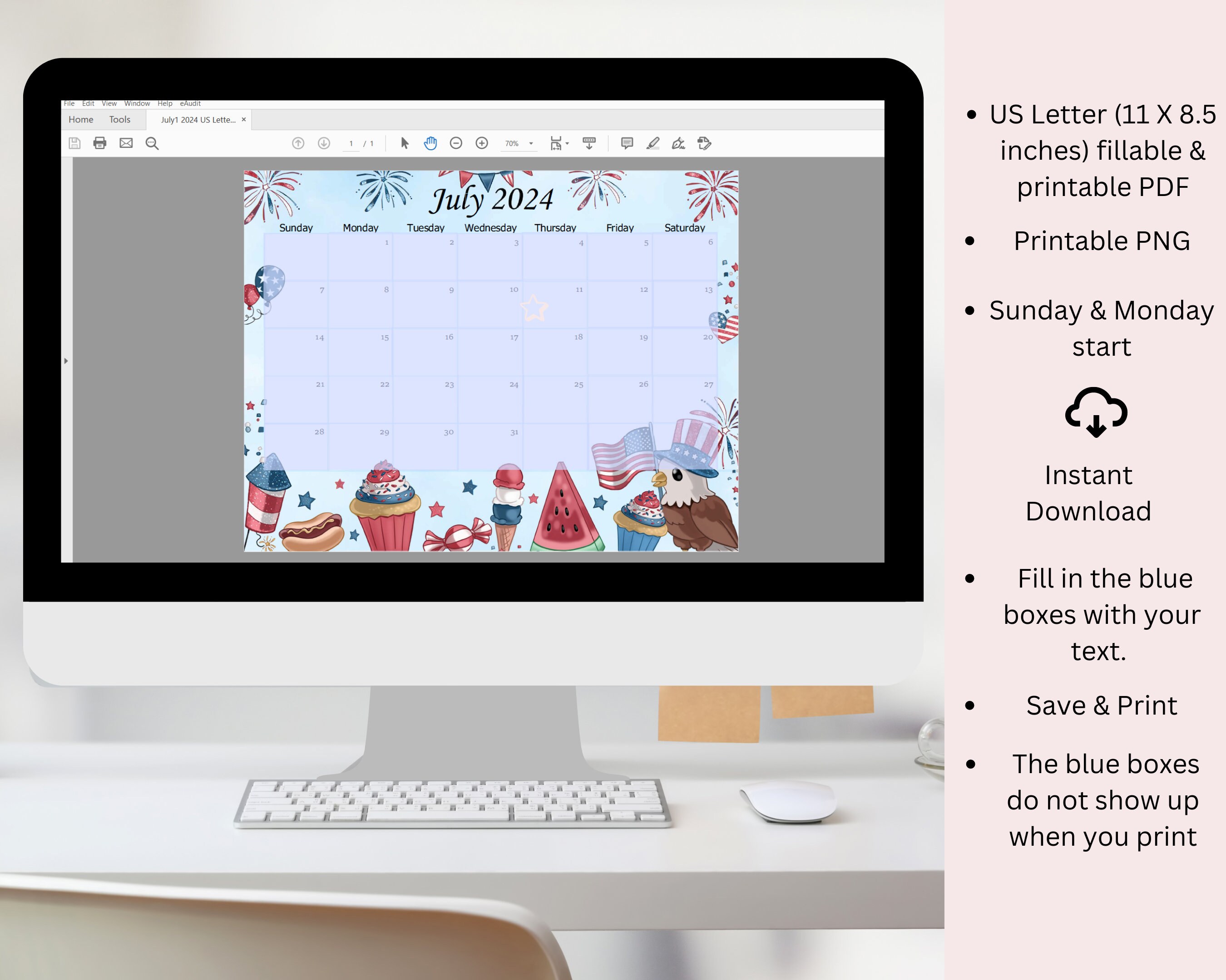 EDITABLE July 2024 Calendar, 4th of July Planner, Monthly Kids School ...