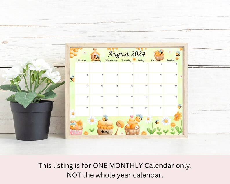 EDITABLE August 2024 Calendar, Bees & Honey Planner, Monthly Kids ...