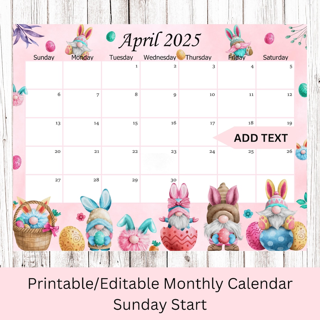 EDITABLE April 2025 Calendar, Easter Day Gnomes Planner, Kids School ...