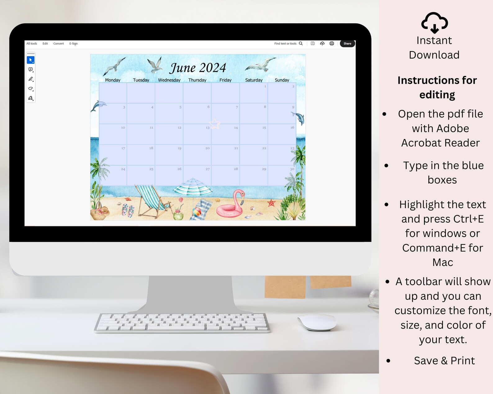 EDITABLE June 2024 Calendar, Summer Beach Planner, Monthly Kids School ...