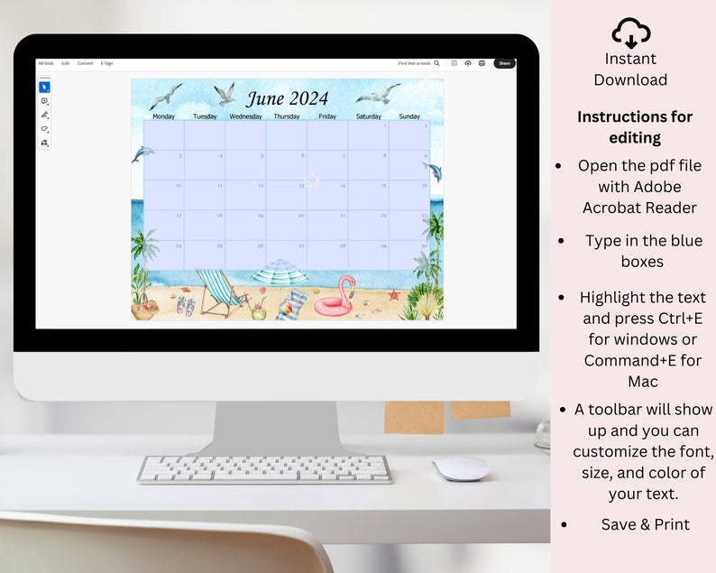 EDITABLE June 2024 Calendar, Summer Beach Planner, Monthly Kids School ...
