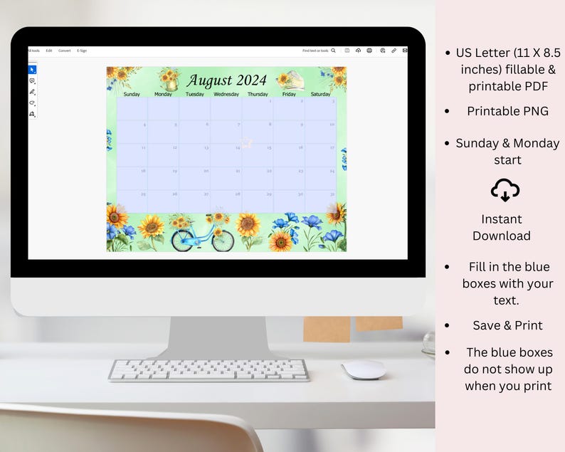 EDITABLE August 2024 Calendar, Sunflowers Planner, Monthly Kids School ...