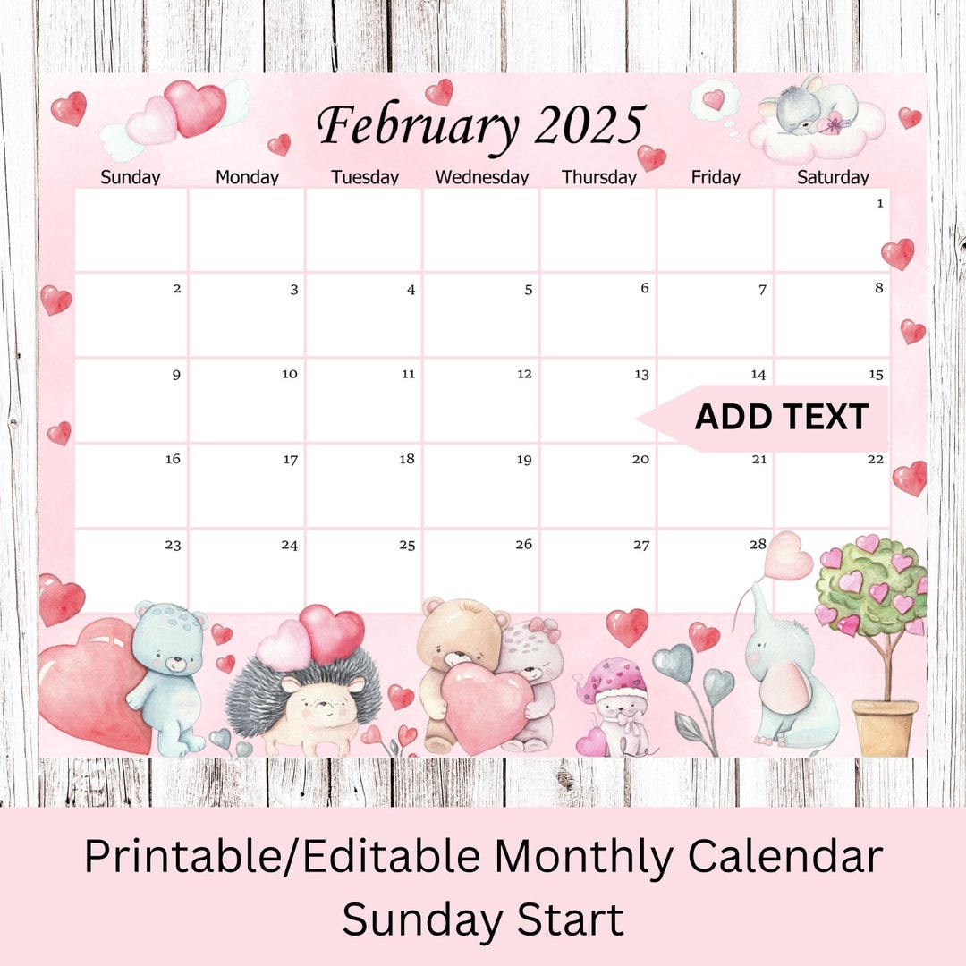 EDITABLE February 2025 Calendar, Cute Valentine Planner, Printable ...