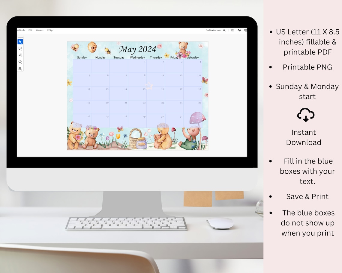 EDITABLE May 2024 Calendar, Cute Spring Planner, Monthly Kids School ...