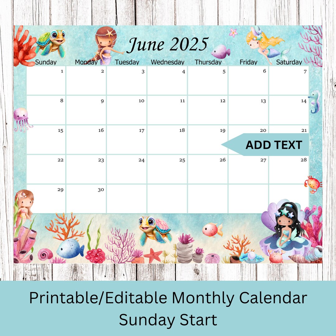 EDITABLE June 2025 Calendar, Summer Planner With Cute Mermaids, Kids ...