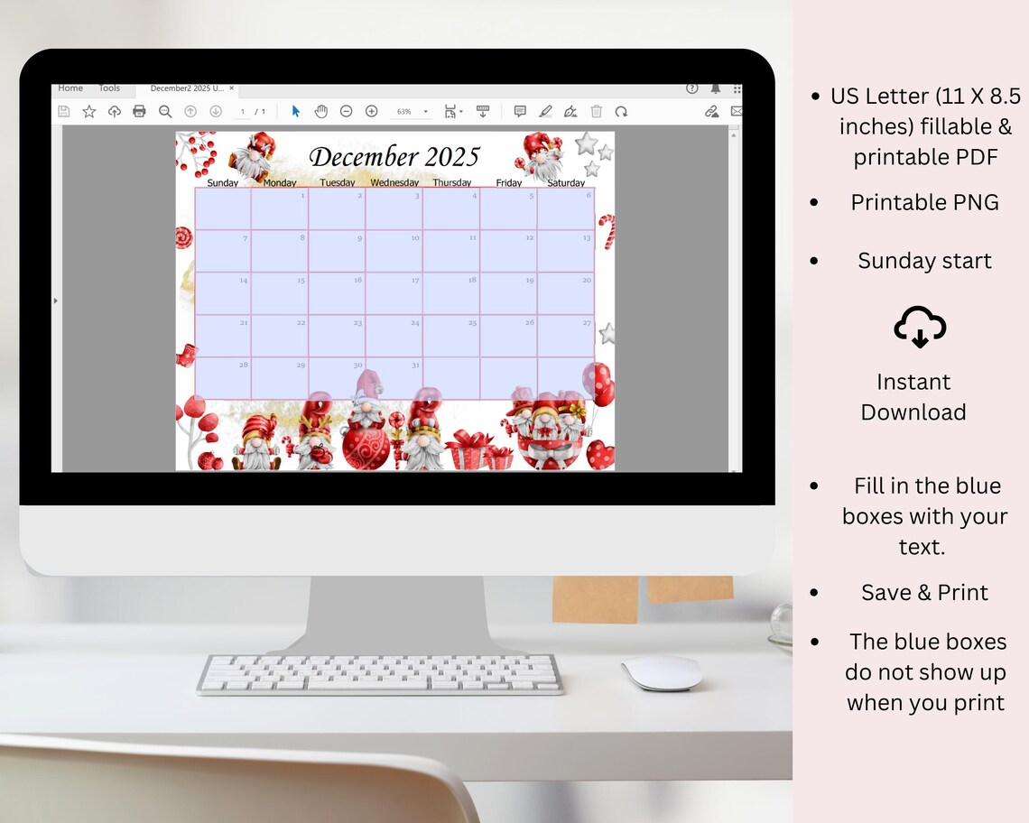 Editable December 2025 Calendar, Christmas Gnomes Planner for Home ...