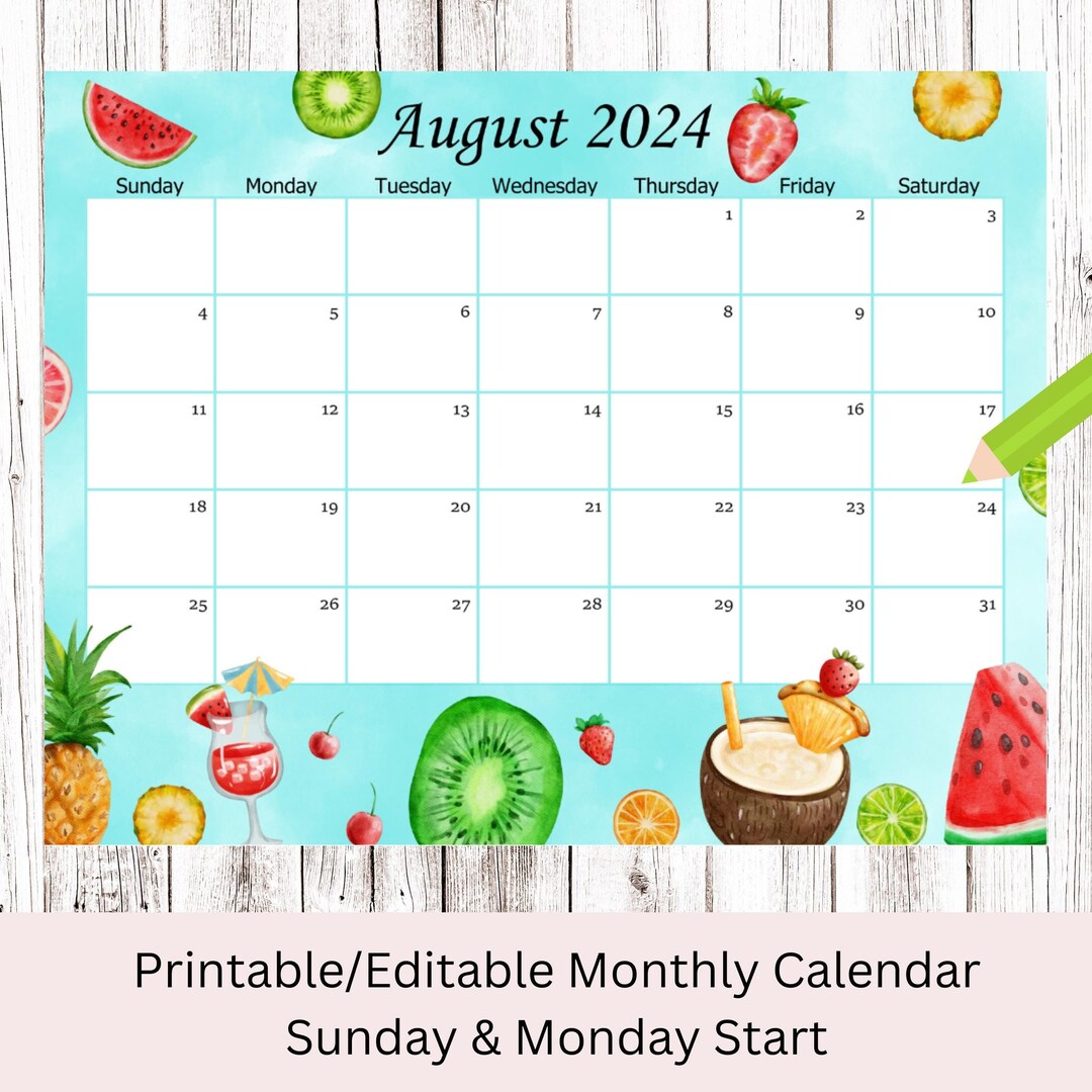 EDITABLE August 2024 Calendar, Cute Summer Planner, Monthly Kids School ...