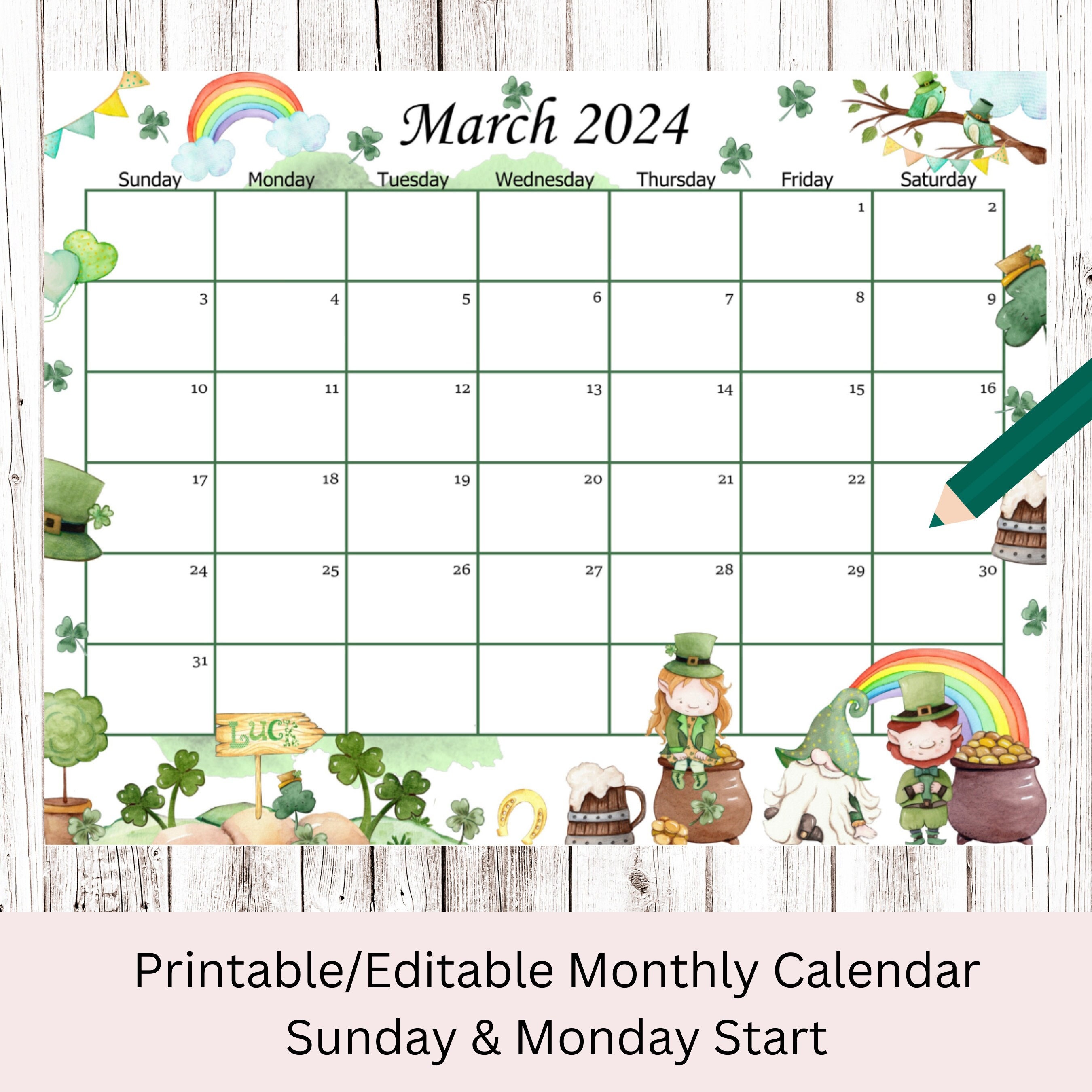 EDITABLE March 2024 Calendar St. Patrick's Day Planner - Etsy UK