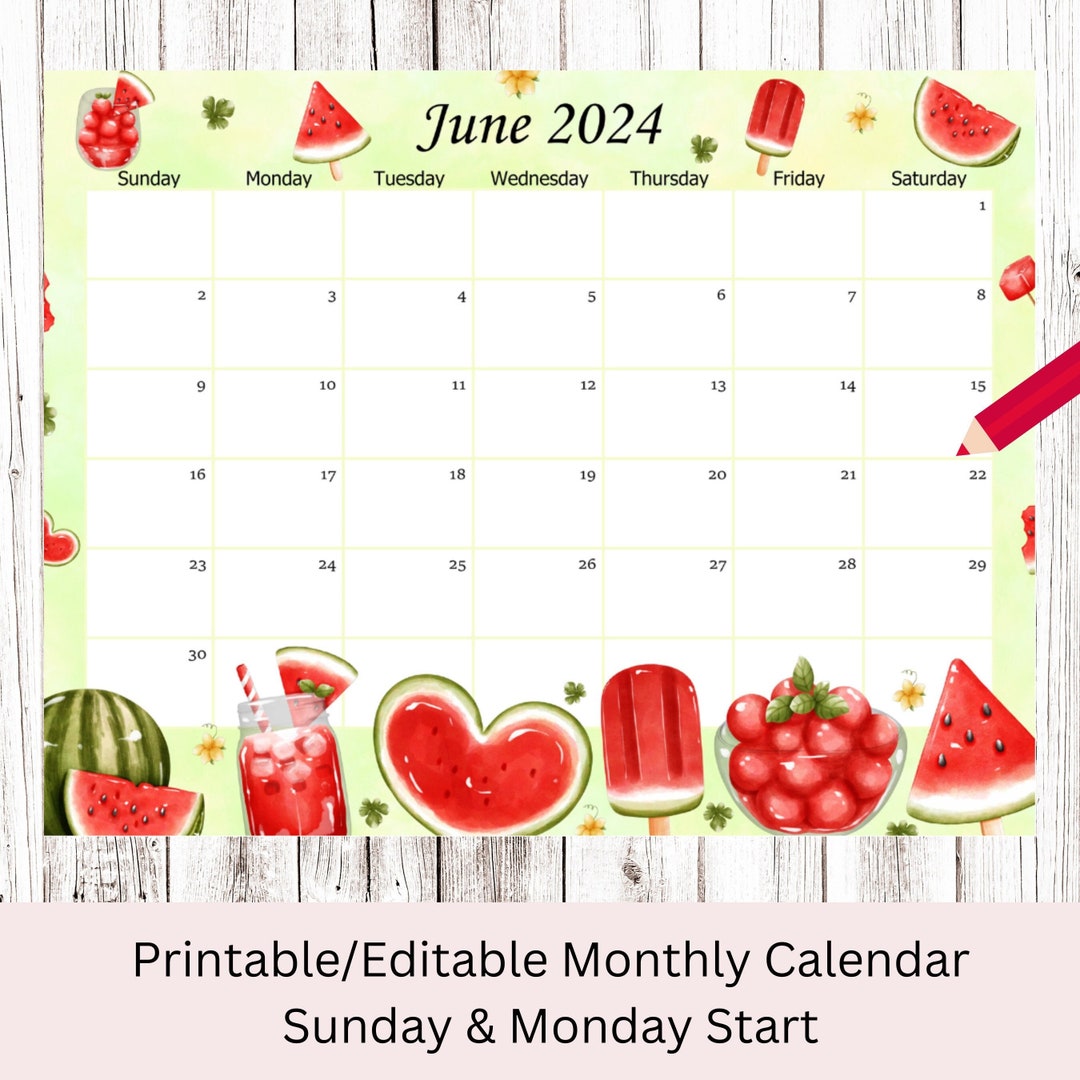 EDITABLE June 2024 Calendar, Summer Planner With Watermelon, Kids ...