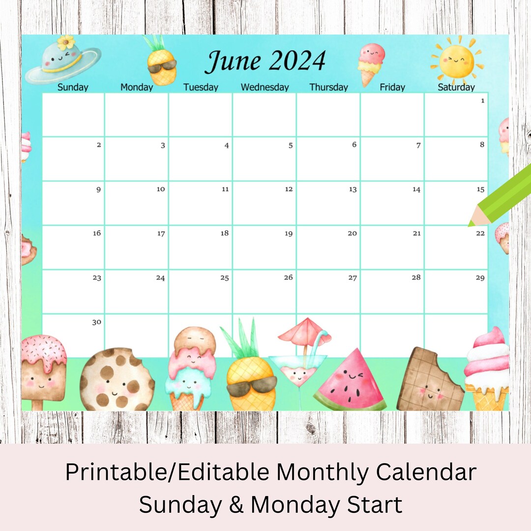 EDITABLE June 2024 Calendar, Summer Planner With Sweets, Monthly Kids ...
