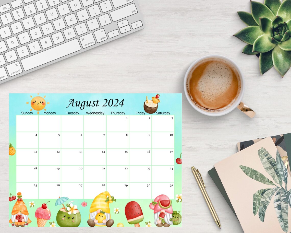 EDITABLE August 2024 Calendar, Cute Summer Gnomes Planner, Kids School ...
