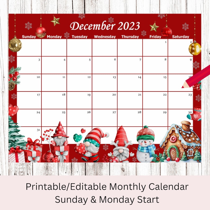 EDITABLE December 2023 Calendar, Christmas Planner With Gnomes, Kids ...