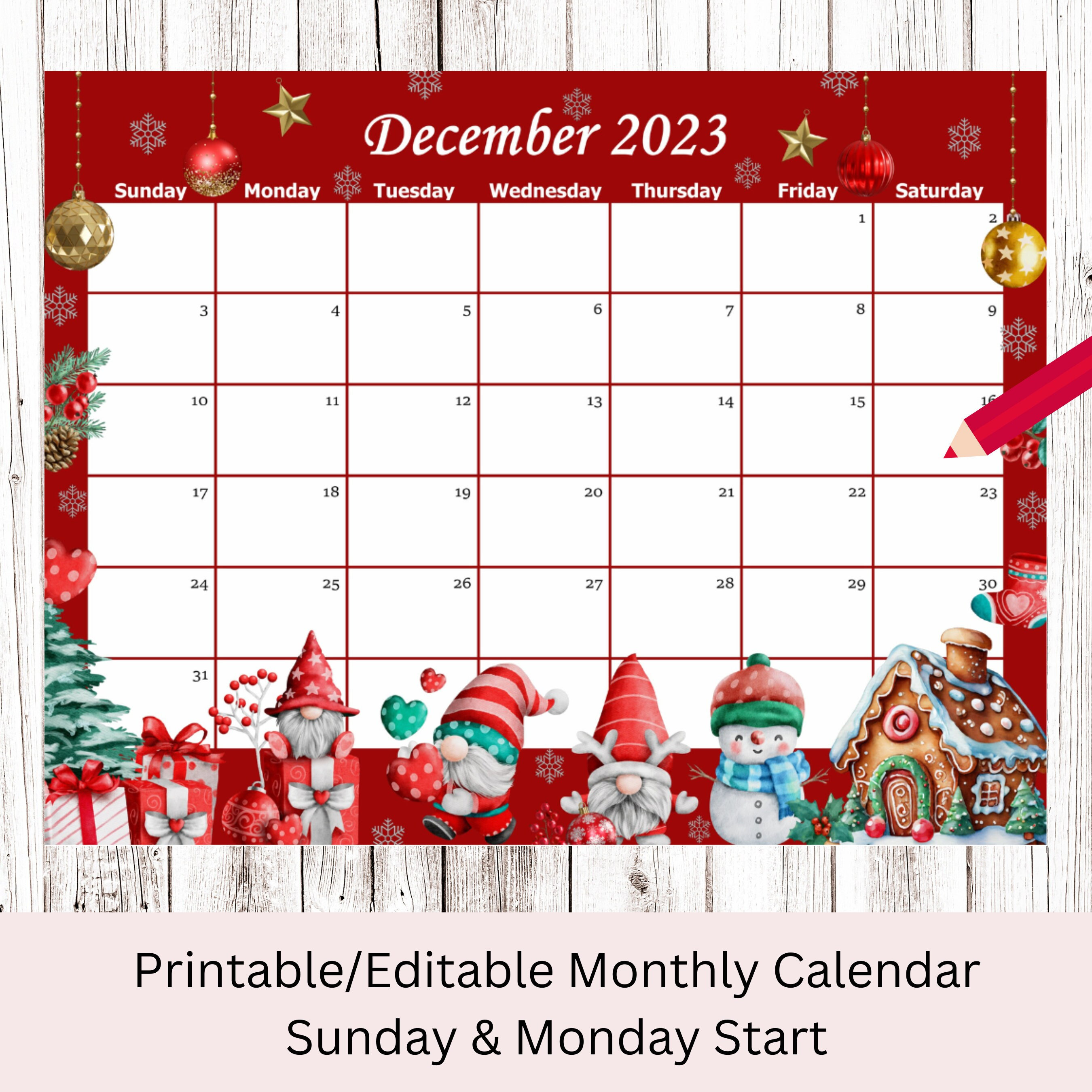 EDITABLE December 2023 Calendar, Christmas Planner With Gnomes, Kids ...