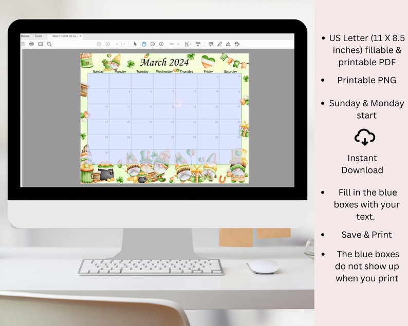 EDITABLE March 2024 Calendar, St. Patrick's Day Gnome Planner, Kids ...
