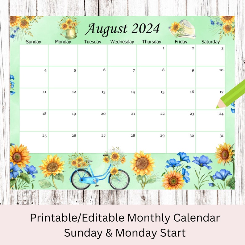 EDITABLE August 2024 Calendar, Sunflowers Planner, Monthly Kids School ...