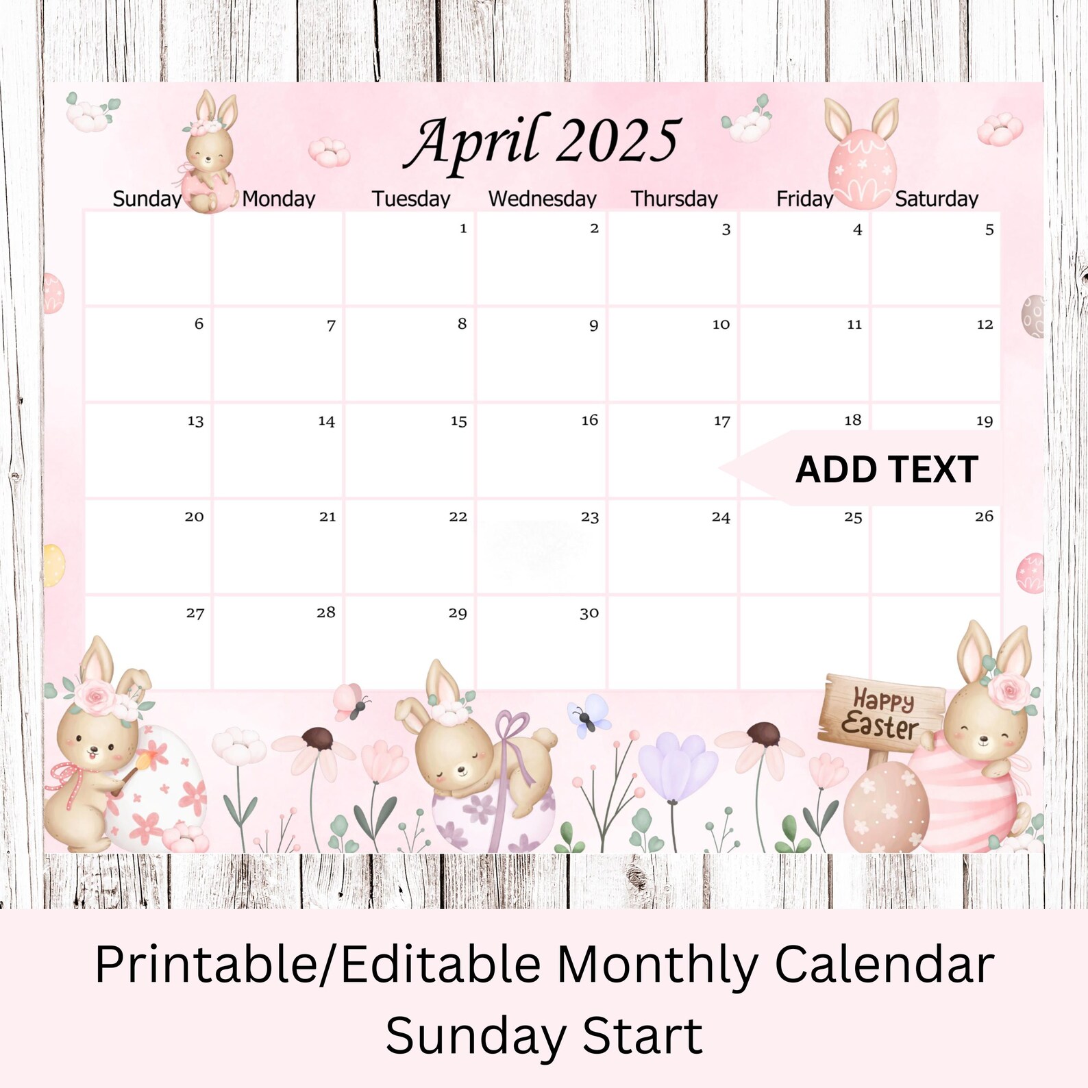EDITABLE April 2025 Calendar, Easter Day Cute Bunnies Planner, Kids ...